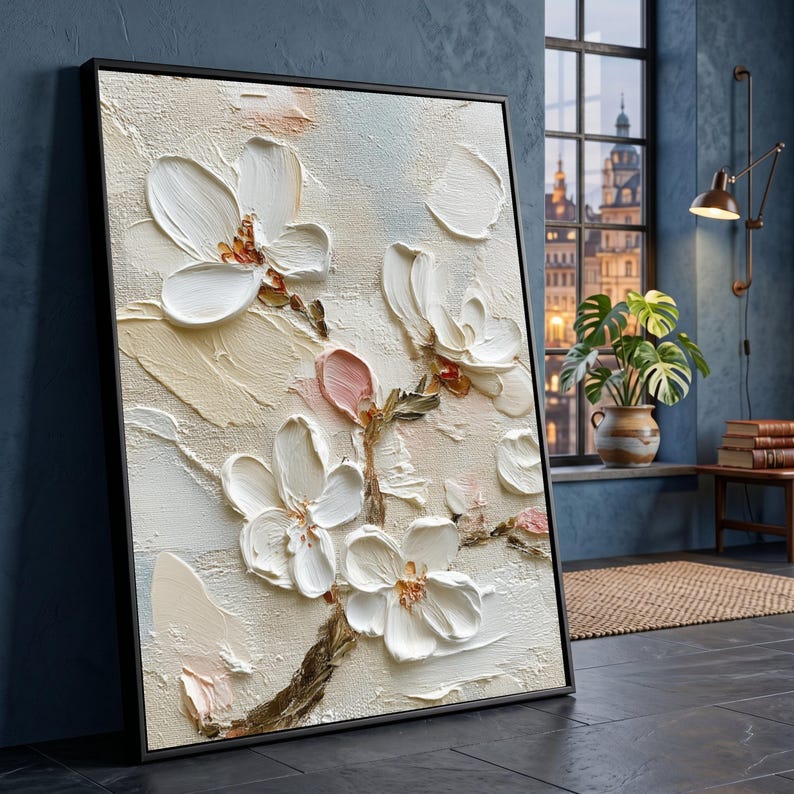 White Magnolia Blossoms Textured Canvas Art, Soft Pastel Floral Wall ...
