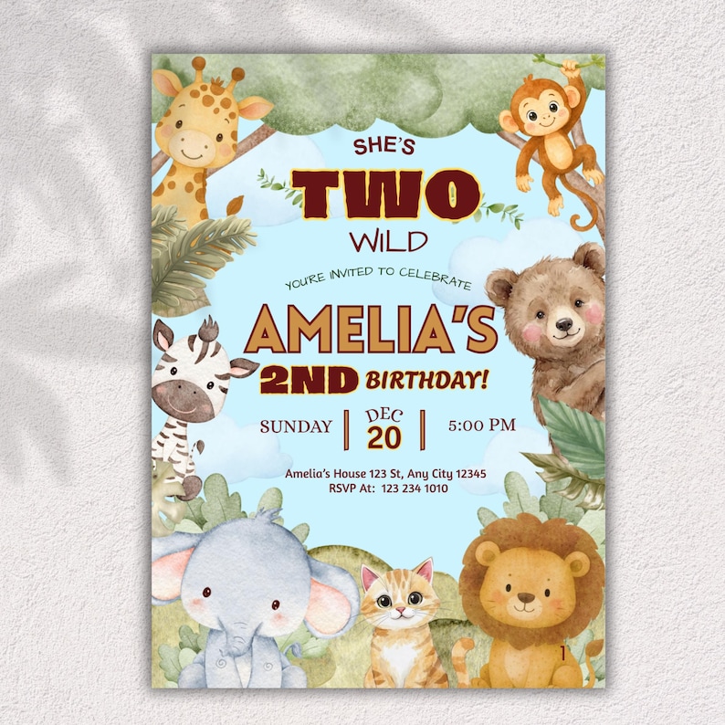 Two Wild Birthday Invitation, Safari 2nd Birthday Invite, Jungle ...