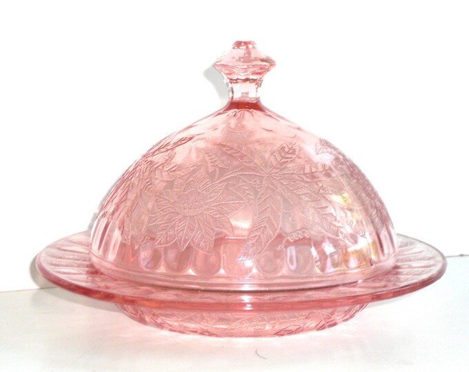Jeannette Pink Depression Glass Floral Poinsettia Covered Butter Dish