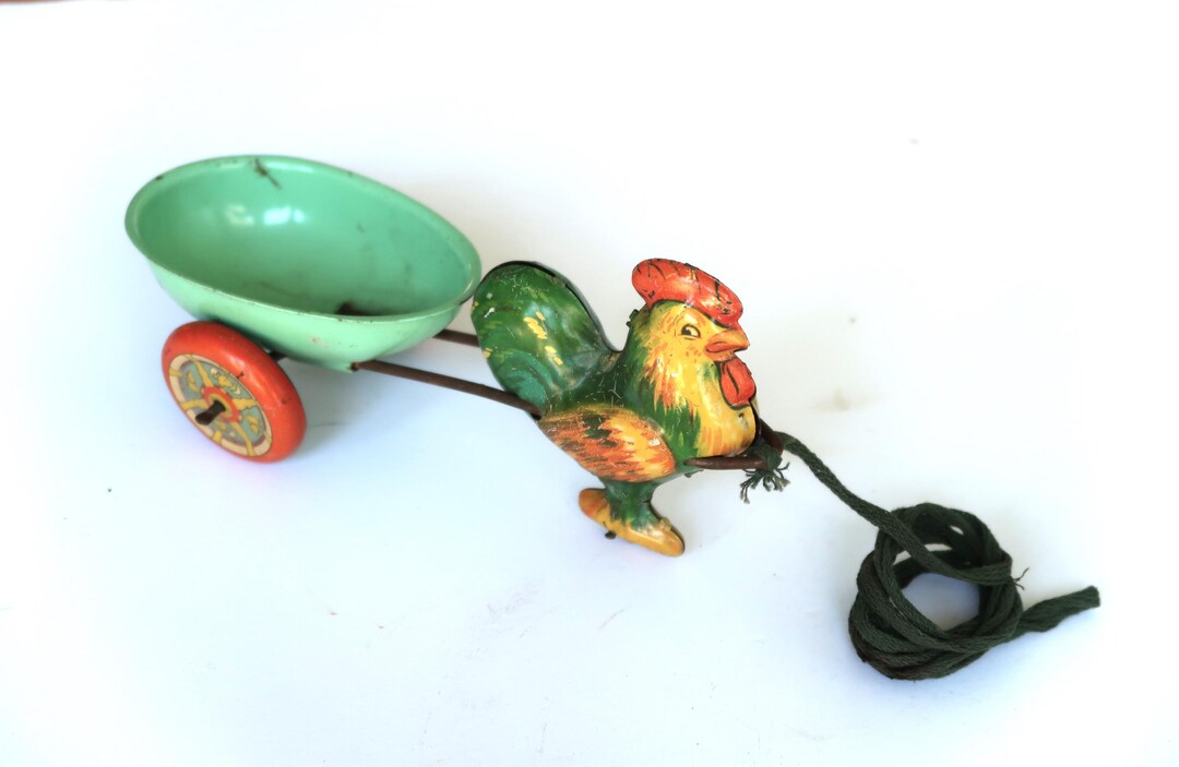 Antique Tin Litho Rooster With Cart Pull Toy - Etsy