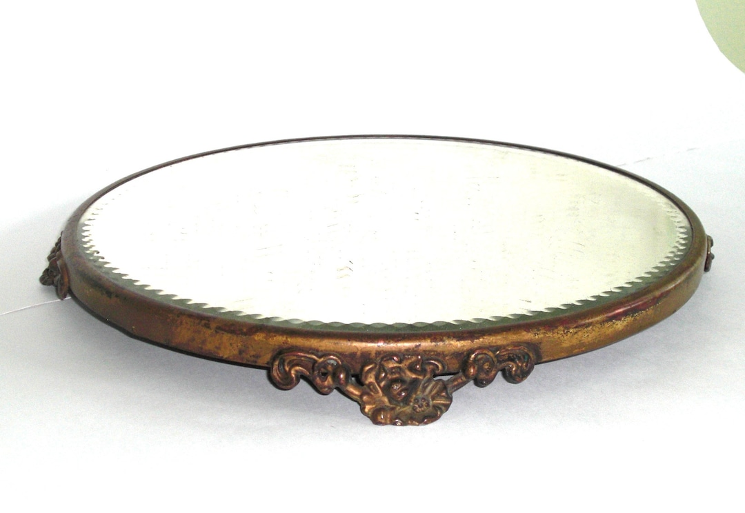 Vintage Footed Plateau Mirror Silver Plated Original Label Beveled Edge ...
