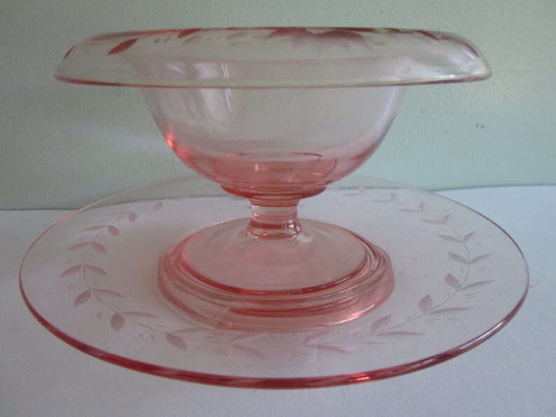 Vintage Etched Pink Depression Glass Compote With Liner Plate - Etsy