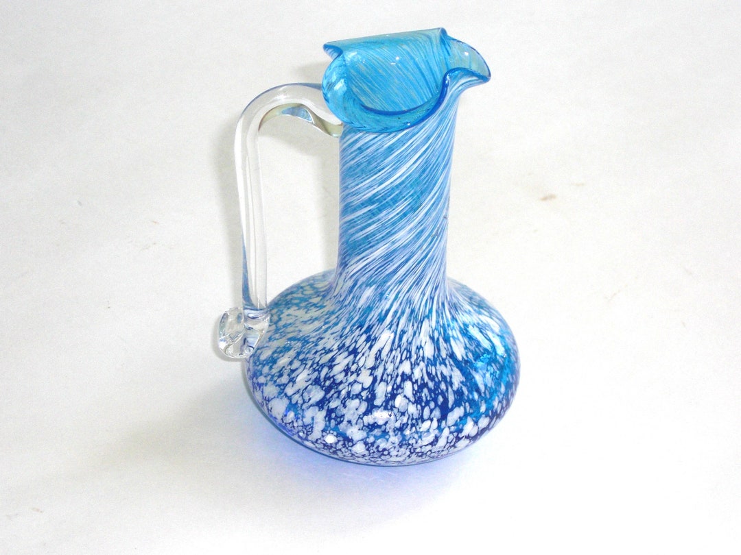 Vintage Pilgrim Blue and White Spatter Blown Glass Small Pitcher ...