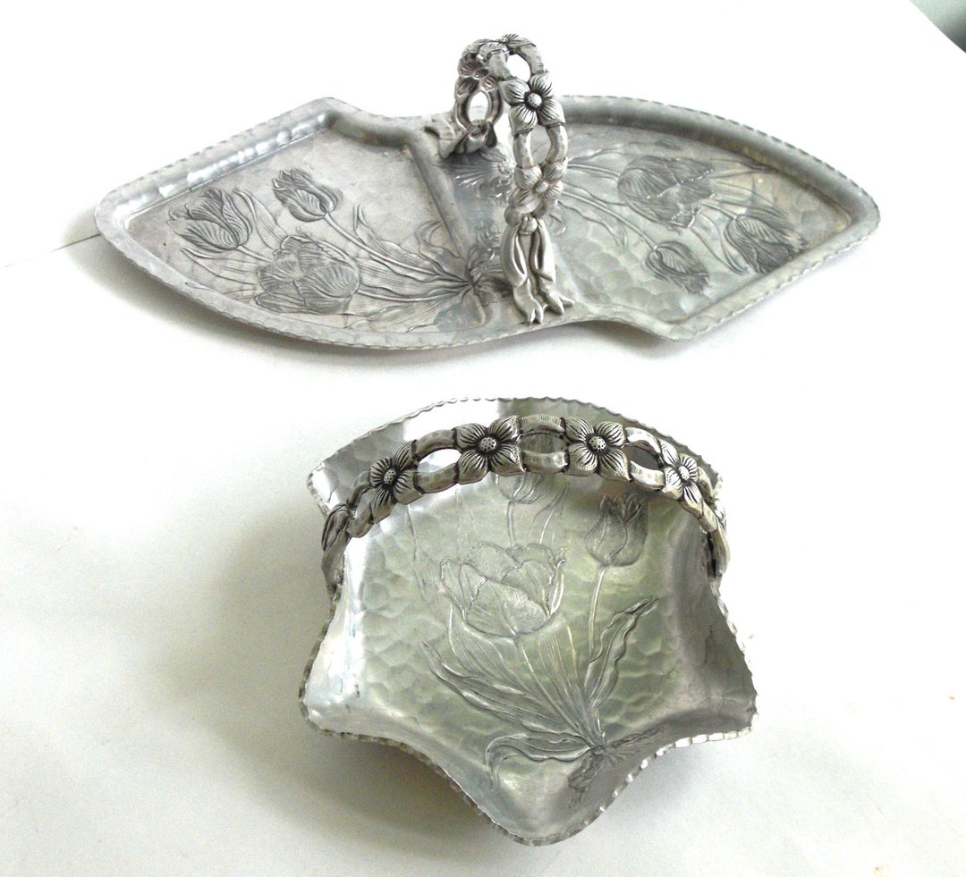 Pair Vintage Hammered Aluminum Tulip Condiment Relish Candy Trays ...