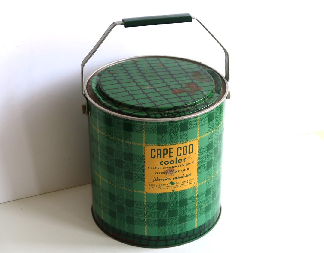 Vintage Round Green Plaid Cape Cod Cooler 1 Gallon Portable Refriger ...