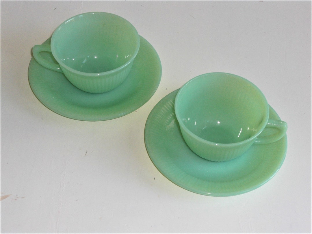 Pair Vintage Fire King Jane Ray Jadeite Cups and Saucers by Anchor ...