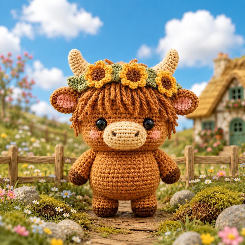 Sunflower Highland Cow Crochet Pattern PDF, Cottagecore Cow Amigurumi ...