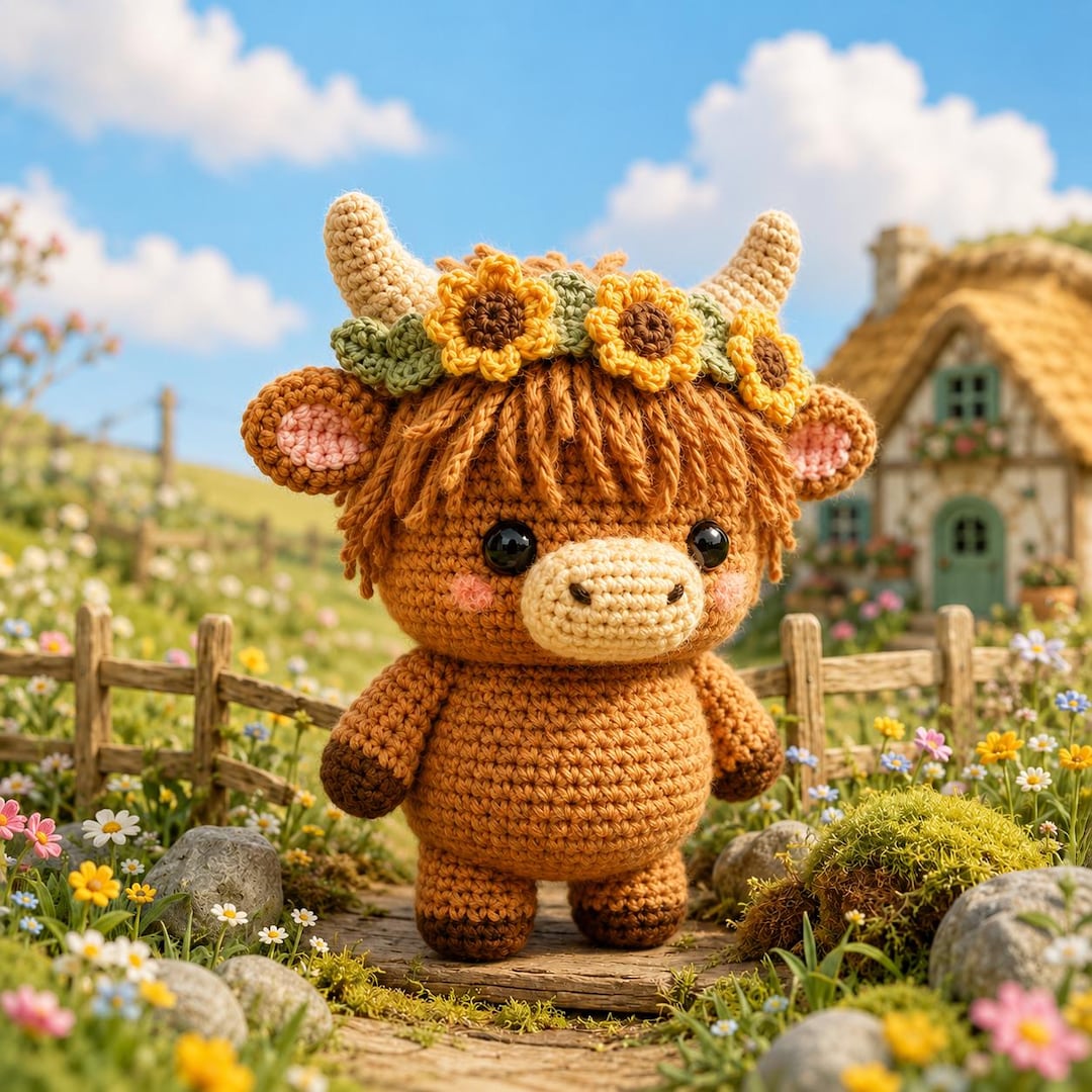 Sunflower Highland Cow Crochet Pattern PDF, Cottagecore Cow Amigurumi ...