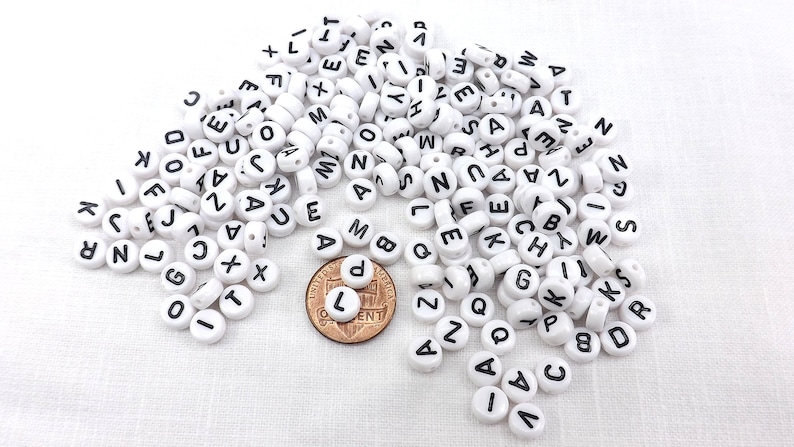 Alphabet Beads White Black Letters Flat Round 200 Pieces 7x4mm - Etsy