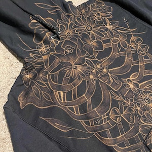 Bleach Hoodie Hand Painted Skeleton Flowers Wearable Art Etsy