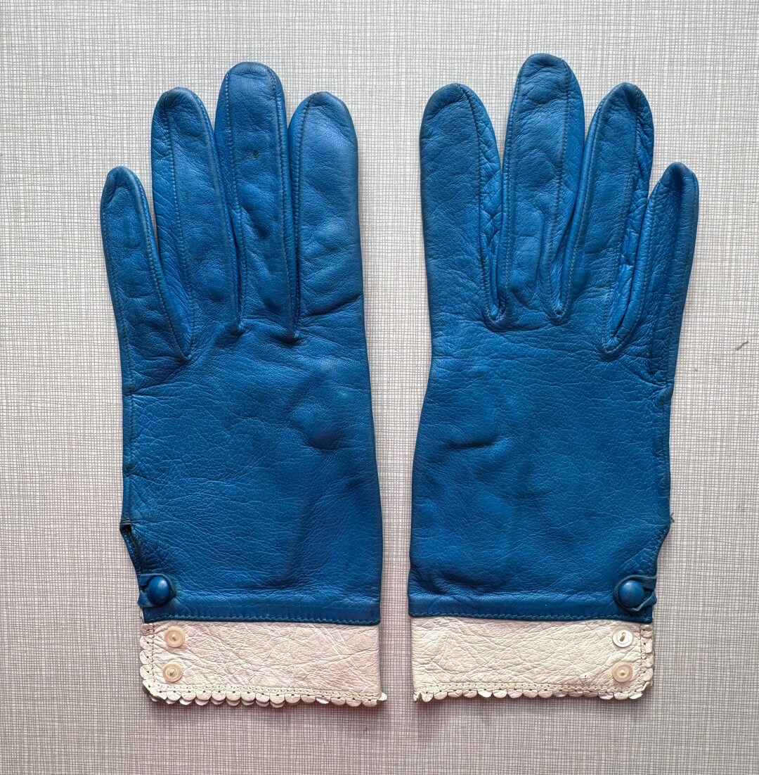 1960's Azure Blue Leather Gloves With White Cuffs/made in France - Etsy