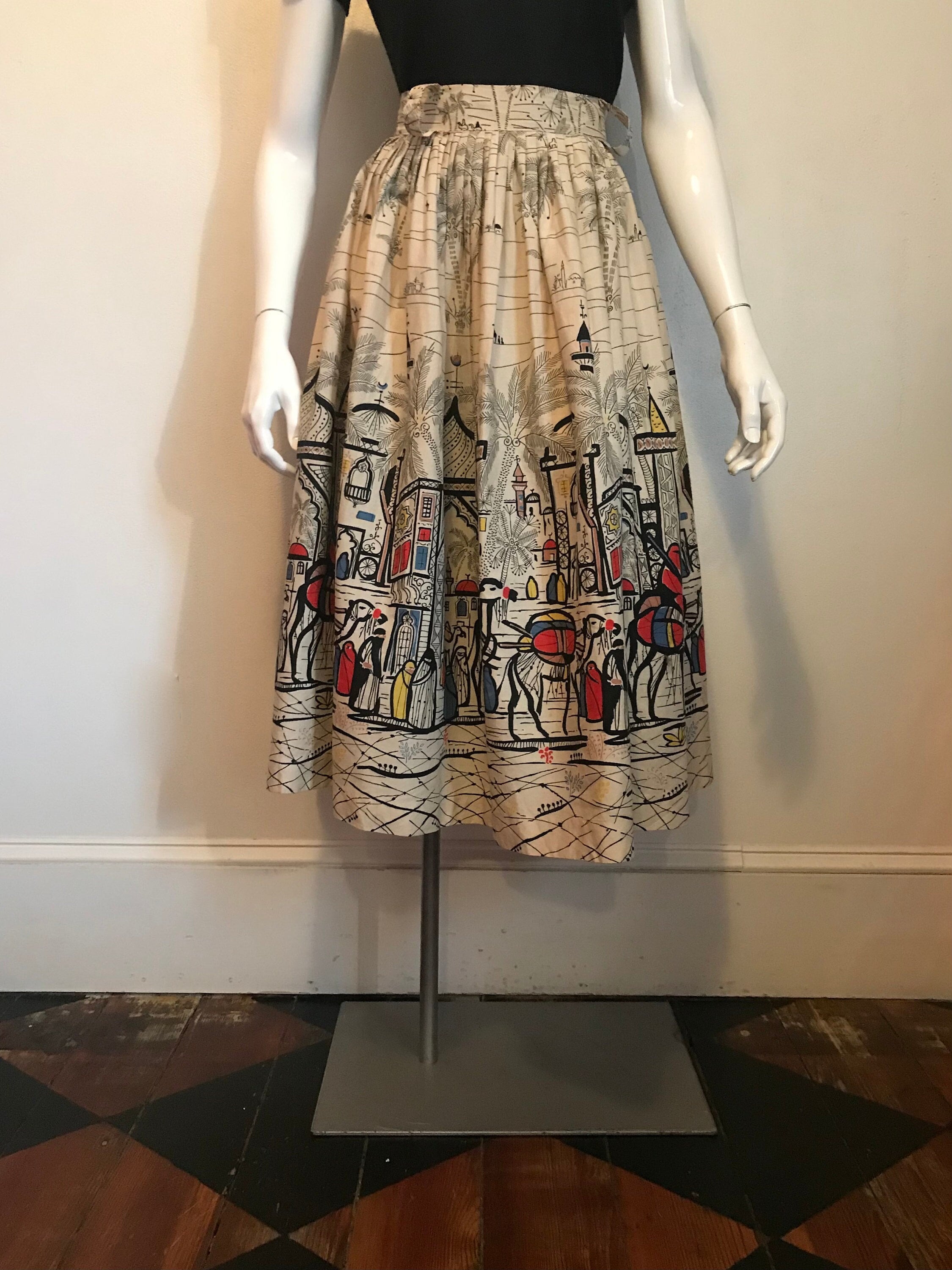 1950's Cotton Circle Skirt in the Novelty Print oasis by Saul Steinberg ...