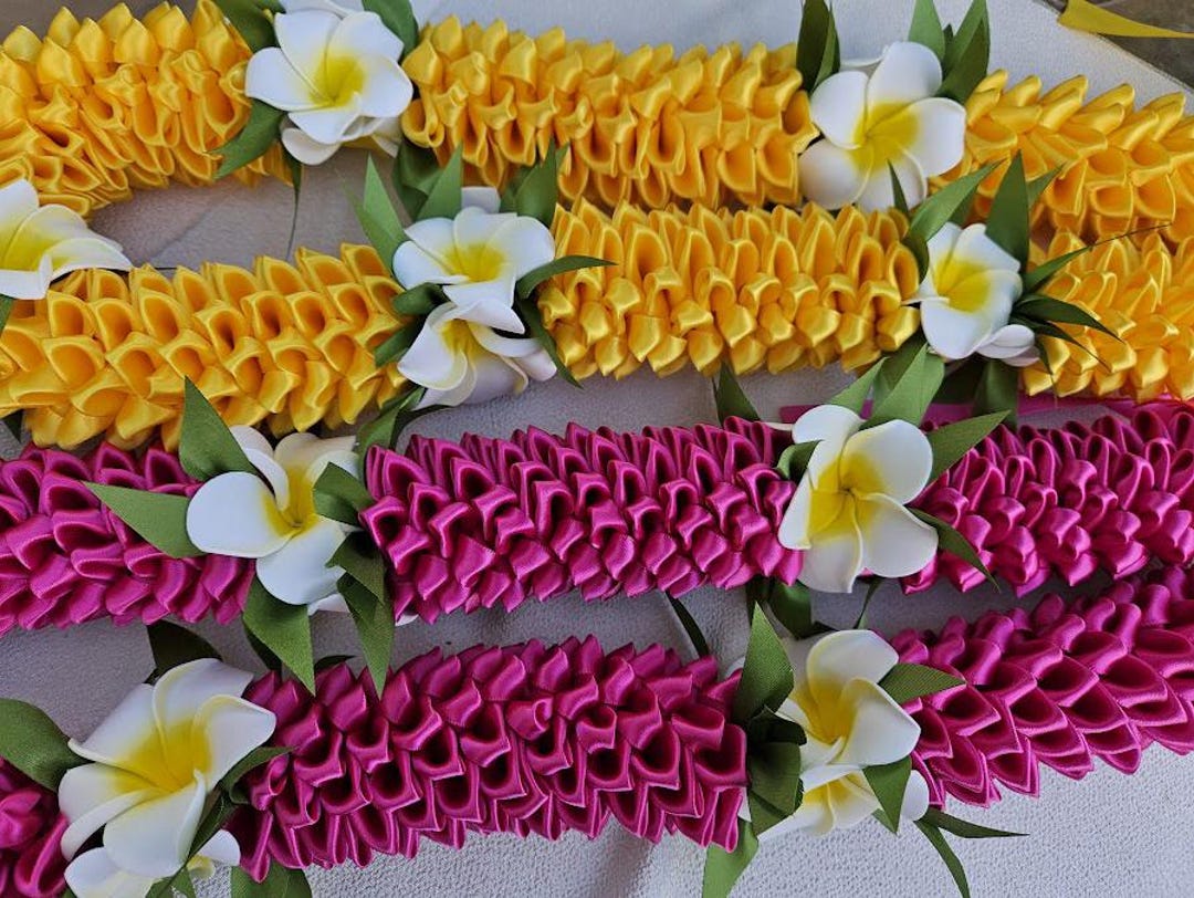 Plumeria,yellow, Dark Pink, Hawaiian Ribbon Lei,graduation Lei ...