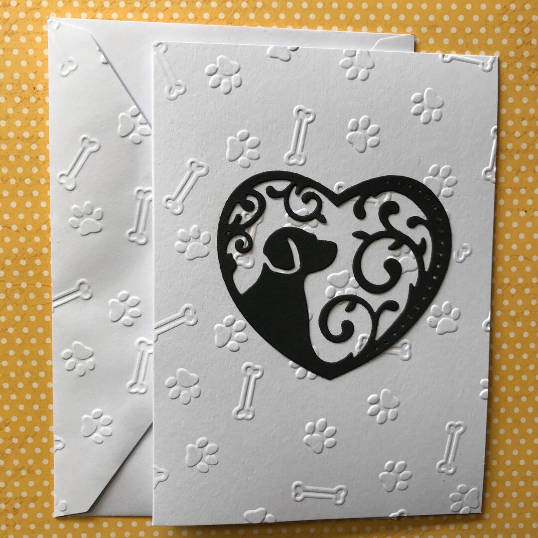 Dog Card, Paw Print & Dog Bone Card, White Embossed Card, Stationery ...