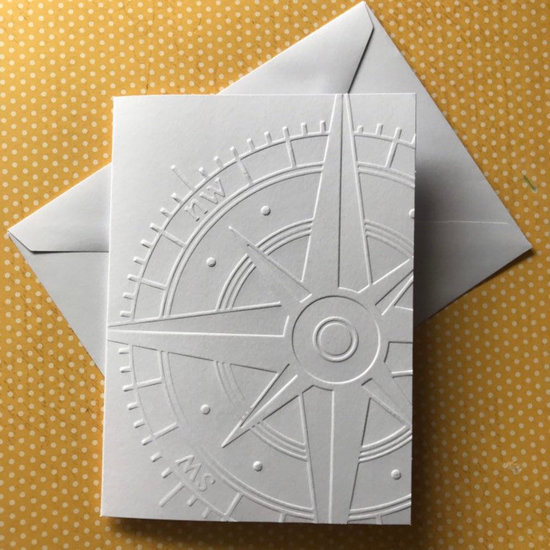 Compass Card, White Embossed Note Cards, Travelers Stationery, Set of 5 ...