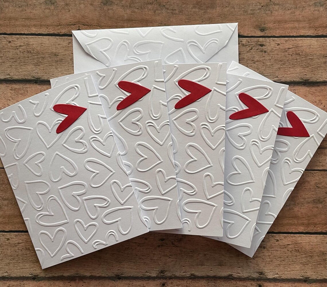 Red Heart Card, Valentine Day Card Set, White Embossed Card, Doodle ...