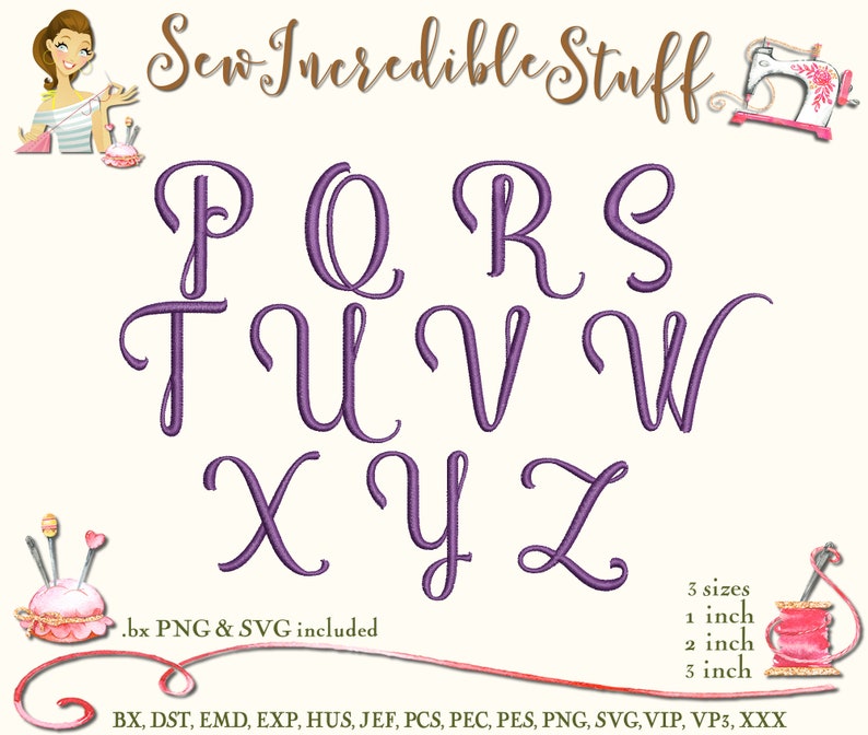 Lovely Upright Script Machine Embroidery SVG and PNG Fonts - 3 Sizes ...