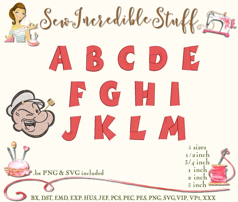 Popeye Machine Embroidery, PNG & SVG Fonts - BX Font - 11 Formats - 5 ...