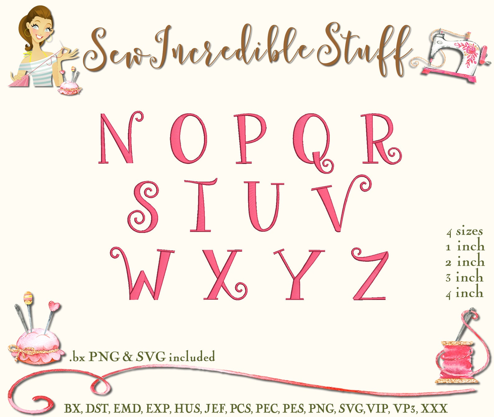 Tickled Pink Whimsical Machine Embroidery PNG and SVG Fonts, 4 Sizes ...