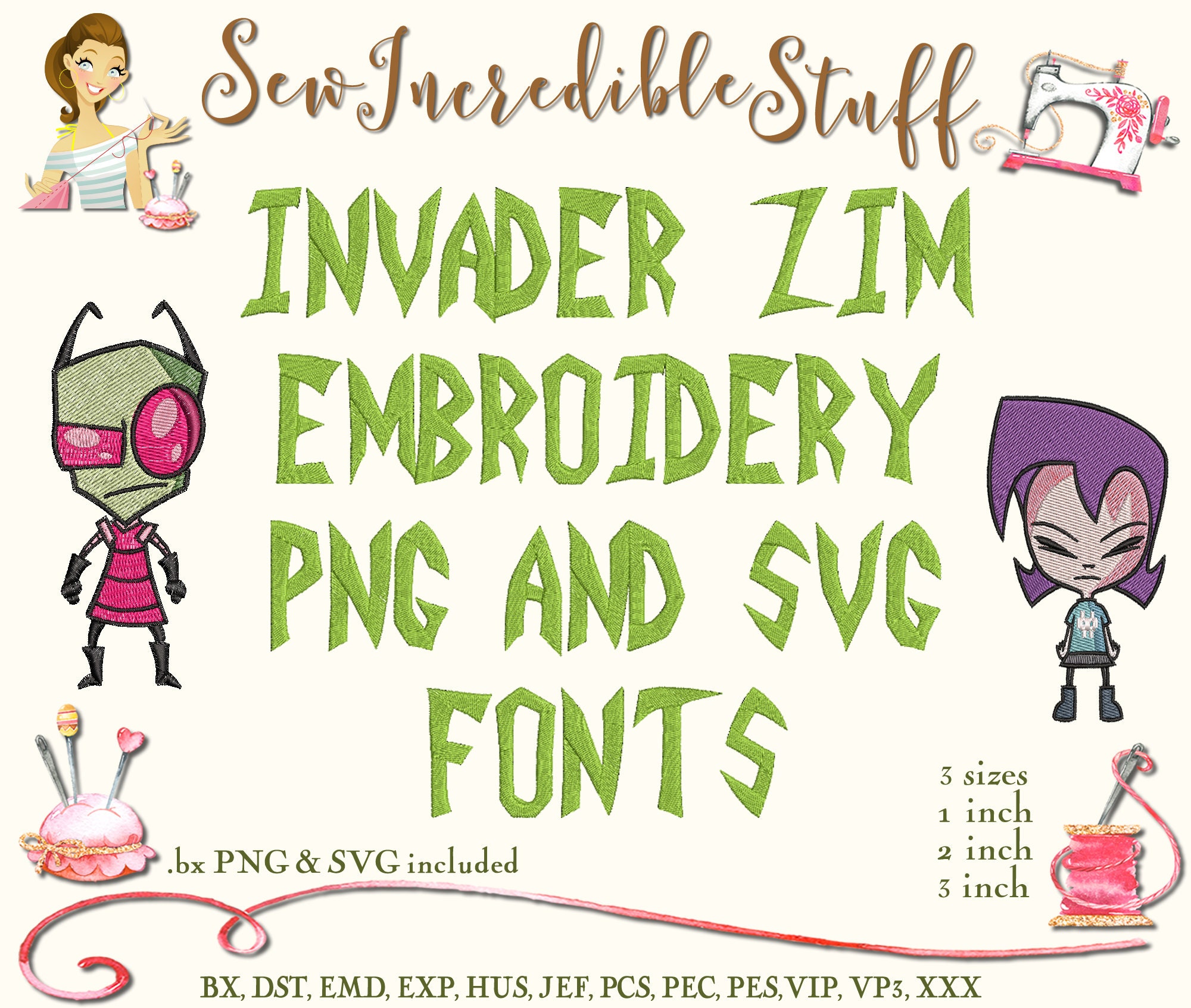 Invader Zim Machine Embroidery, PNG and SVG Font - BX Font - 2 Fonts ...