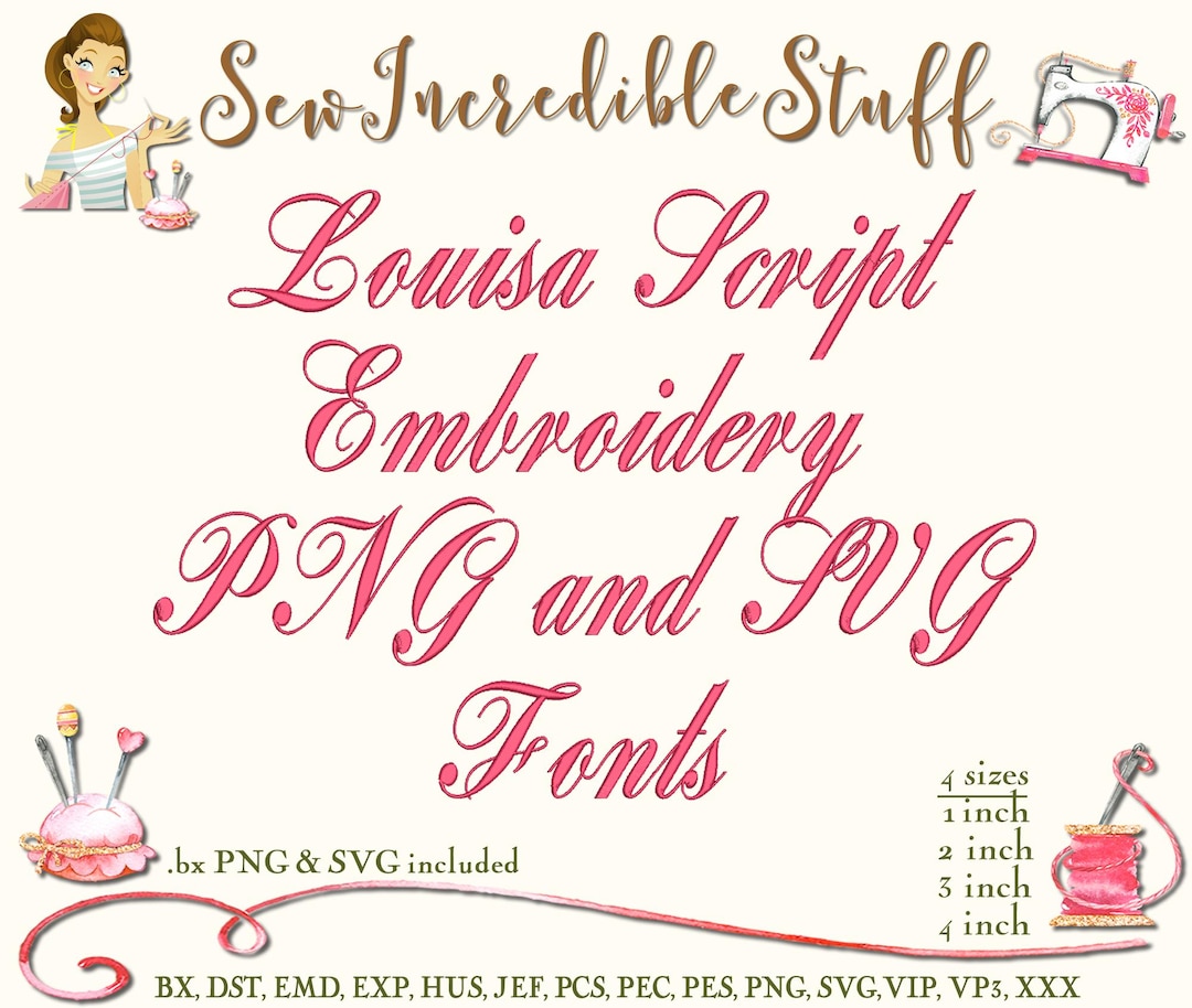Louisa Script Machine Embroidery Font: Satin & Fill Stitch (3 Sizes, 11 ...