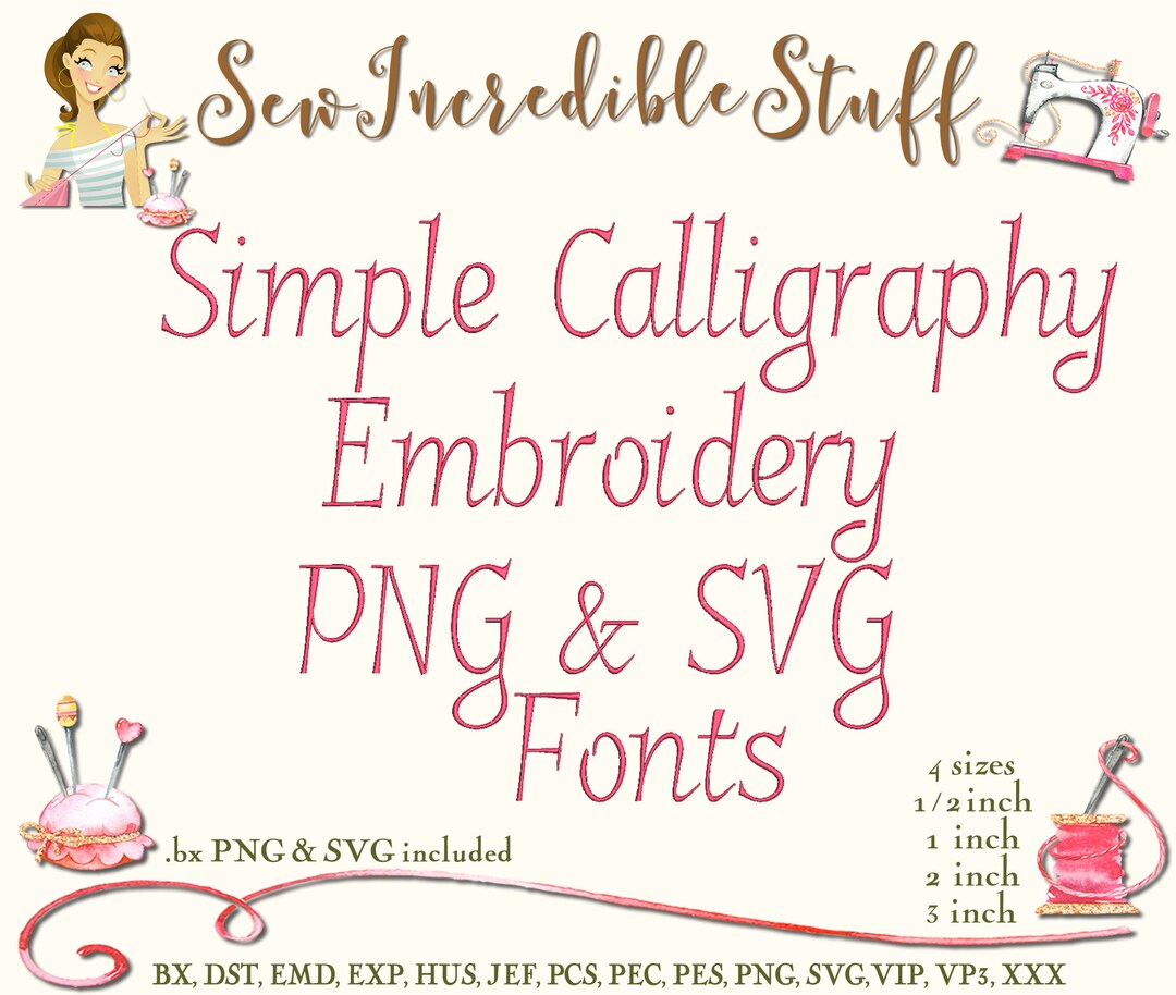 Simple Calligraphy Machine Embroidery, PNG and SVG Font. 4 Sizes - 2 ...
