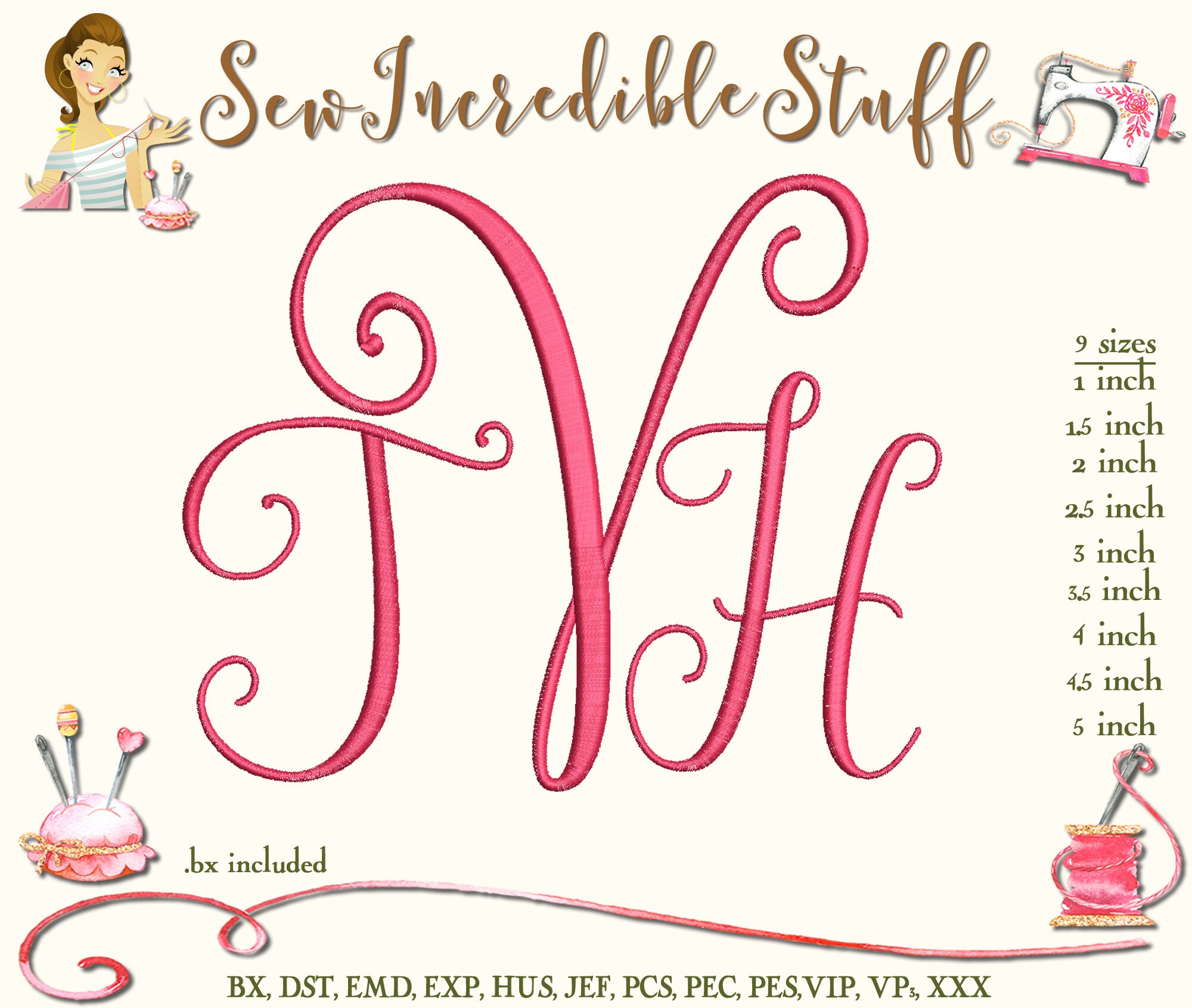 Delicate Curly Monogram Machine Embroidery Font. 9 Sizes - 11 ...