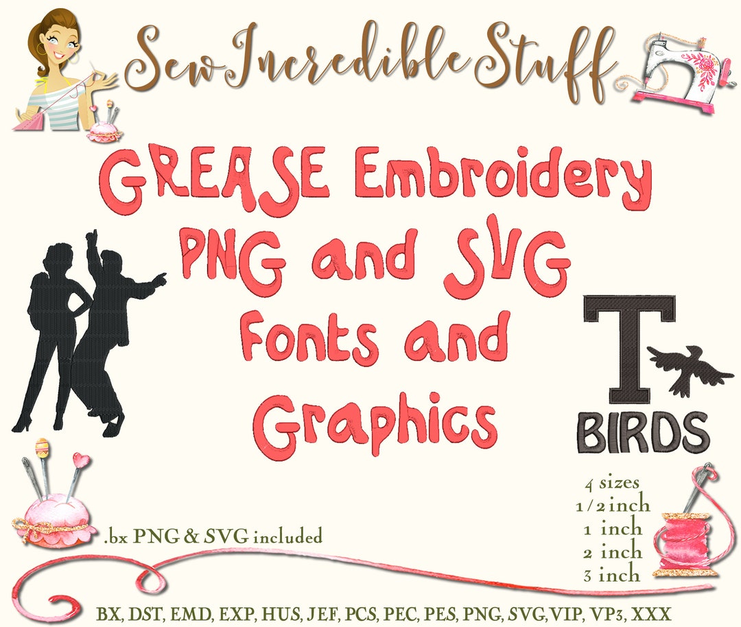 Grease Machine Embroidery, PNG and SVG Fonts - 4 Sizes - BX Font - 11 ...