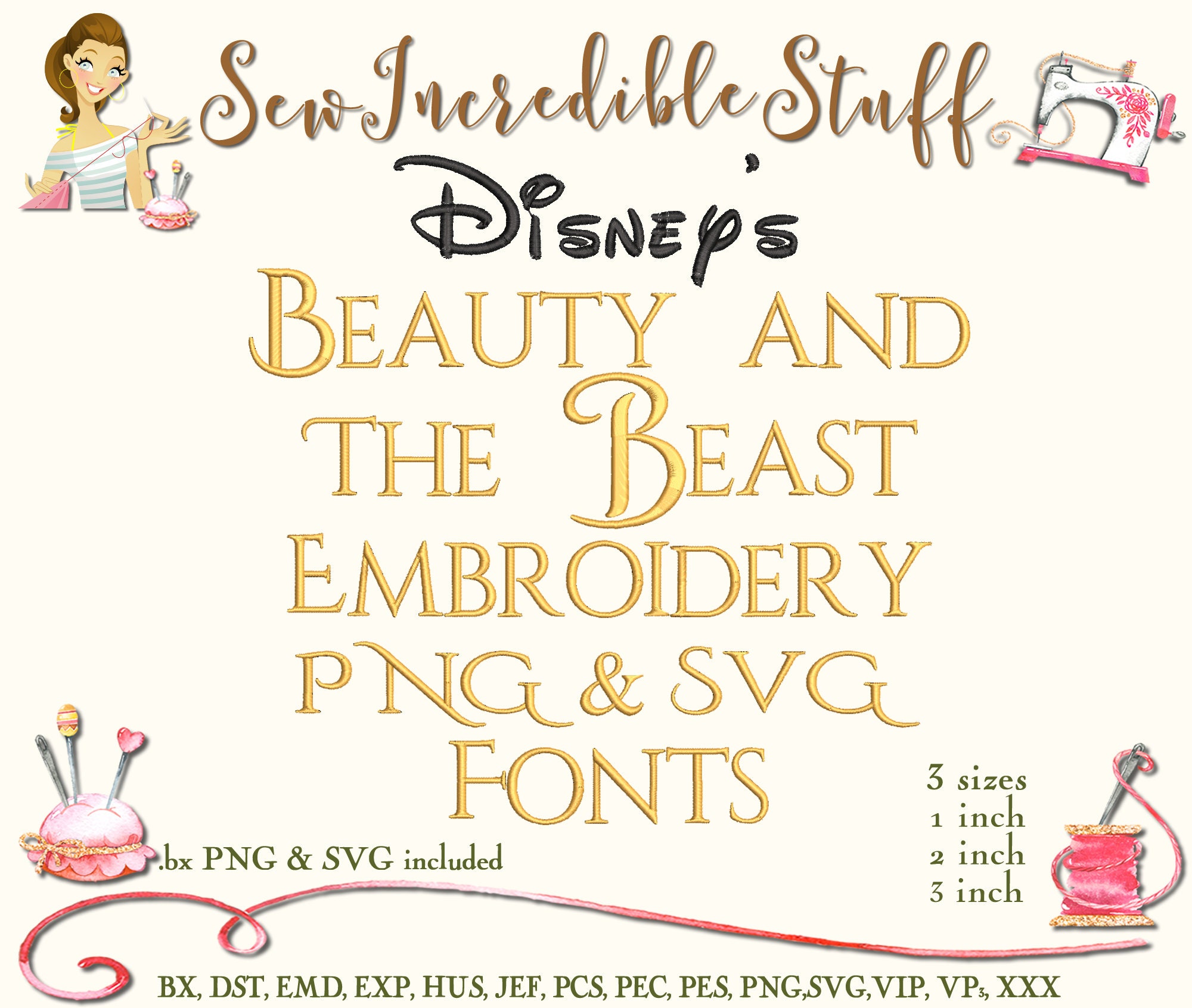 Beauty & the Beast Machine Embroidery, PNG and SVG Fonts - 3 Sizes - BX ...