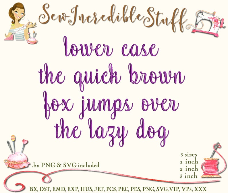 Lovely Upright Script Machine Embroidery SVG and PNG Fonts - 3 Sizes ...