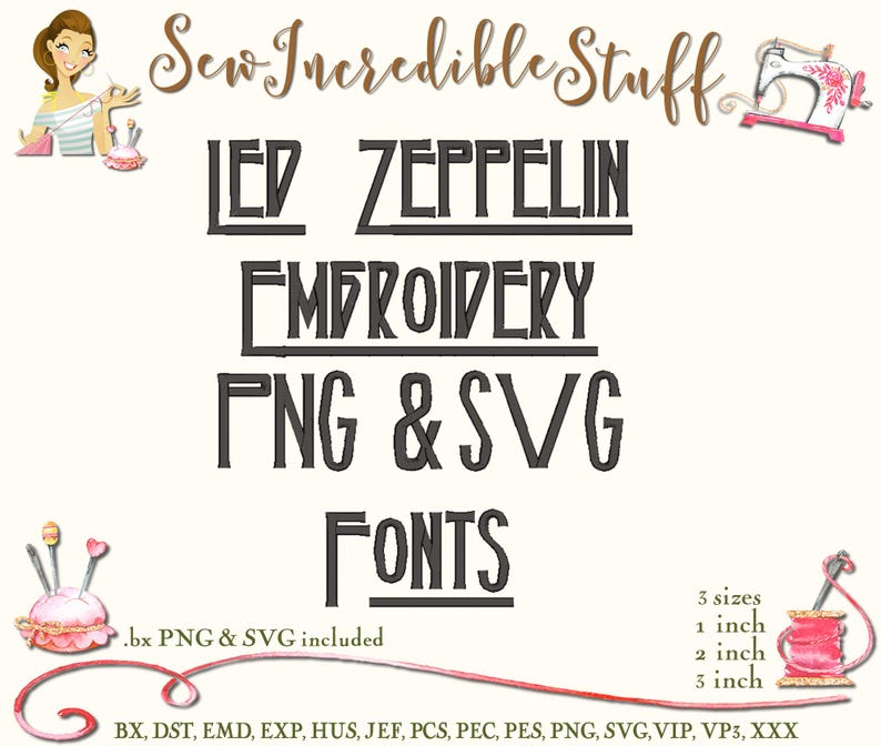 Led Zeppelin Machine Embroidery PNG and SVG Font, BX Font, 3 Sizes, 11 ...