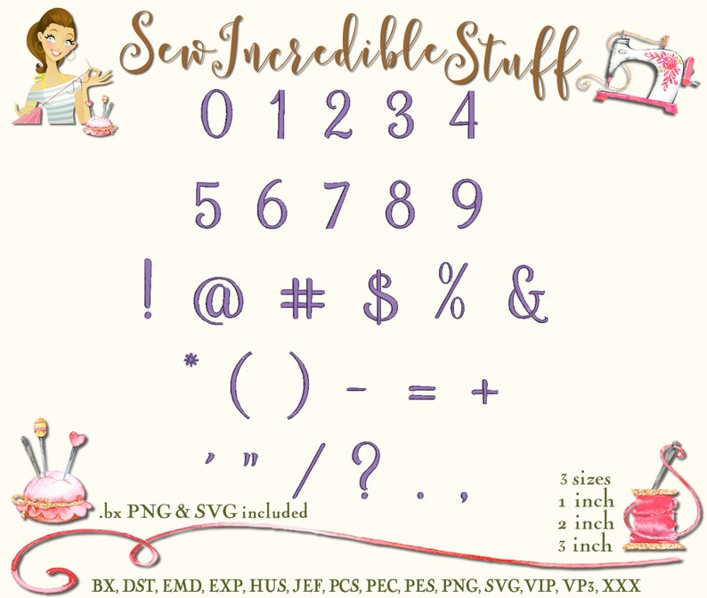 Lovely Upright Script Machine Embroidery SVG and PNG Fonts - 3 Sizes ...
