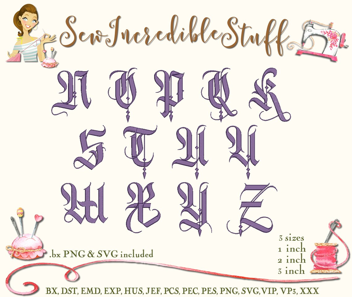 Gothic Olde English Machine Embroidery PNG and SVG Fonts, BX Font, 3 ...