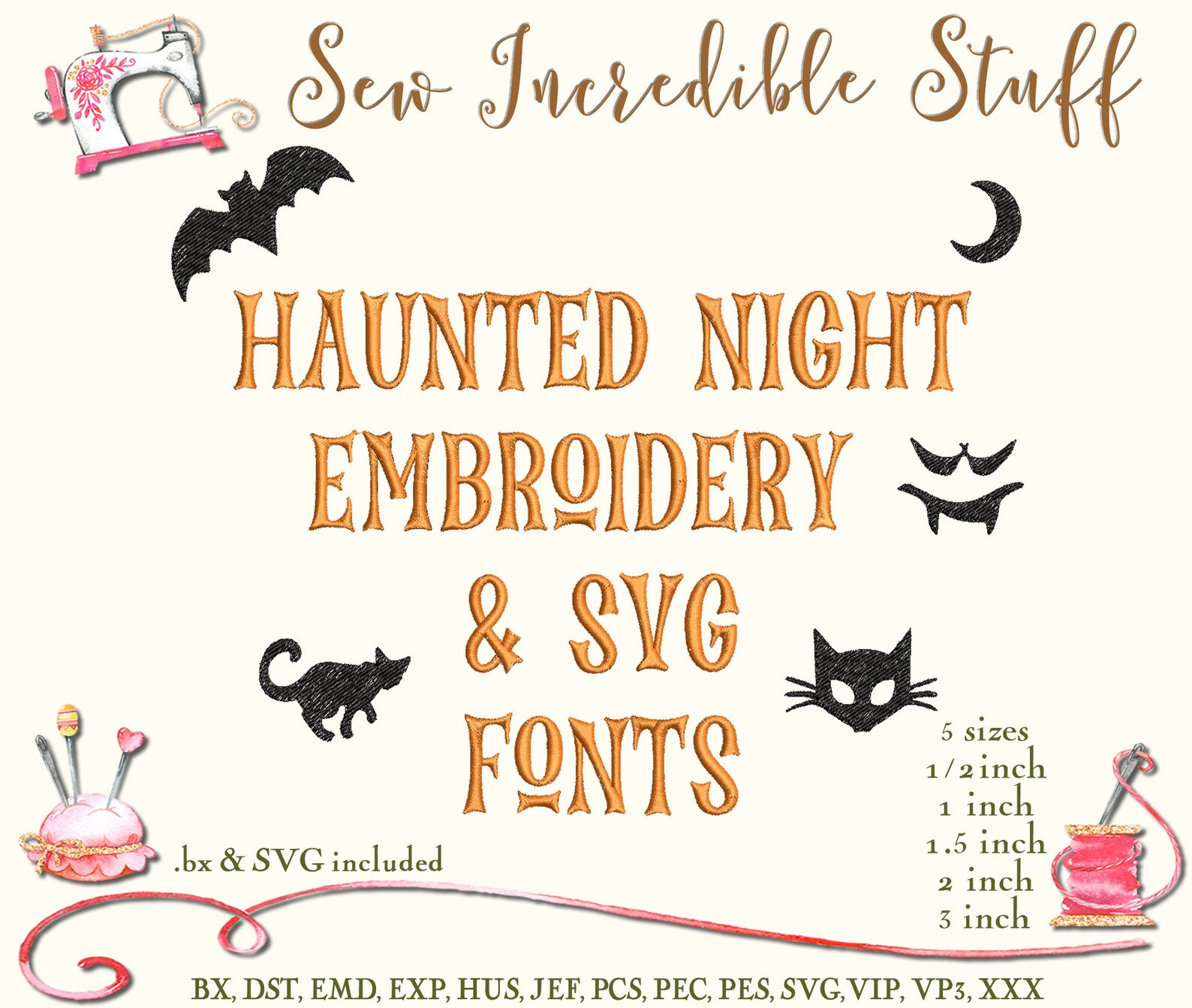 Haunted Night Machine Embroidery Font - SVG Font - BX Font - 5 ...