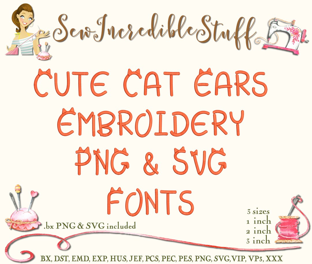 Cute Cat Ears Machine Embroidery PNG and SVG Fonts, 3 Sizes, BX Font ...