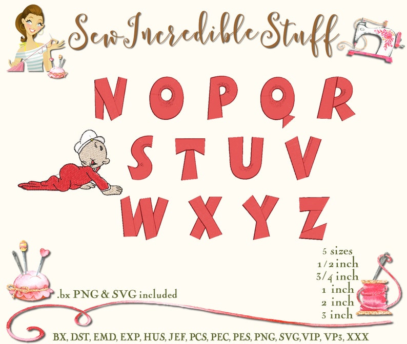 Popeye Machine Embroidery, PNG & SVG Fonts - BX Font - 11 Formats - 5 ...