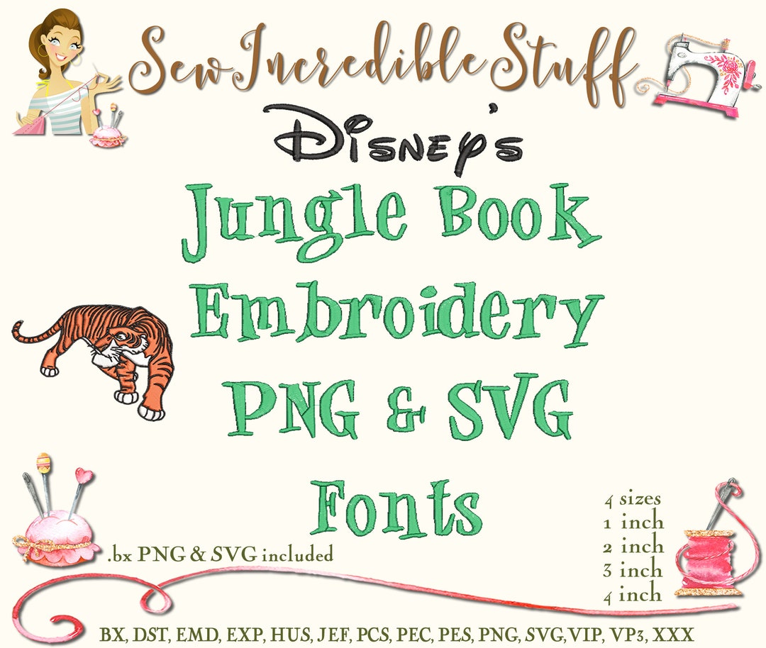 Jungle Book Machine Embroidery, PNG and SVG Fonts, 4 Embroidery Sizes ...