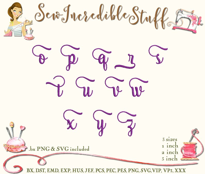 Lovely Upright Script Machine Embroidery SVG and PNG Fonts - 3 Sizes ...