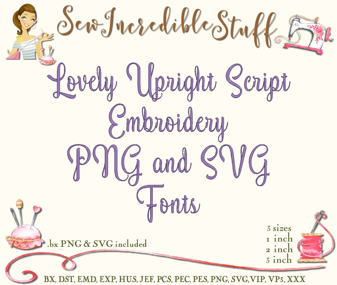 Lovely Upright Script Machine Embroidery SVG and PNG Fonts 3 Sizes BX ...