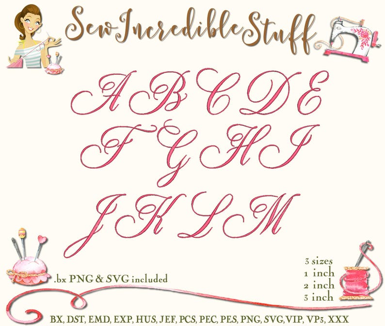 Elegant Script Machine Embroidery Font: PNG, SVG, BX (3 Sizes / 11 ...