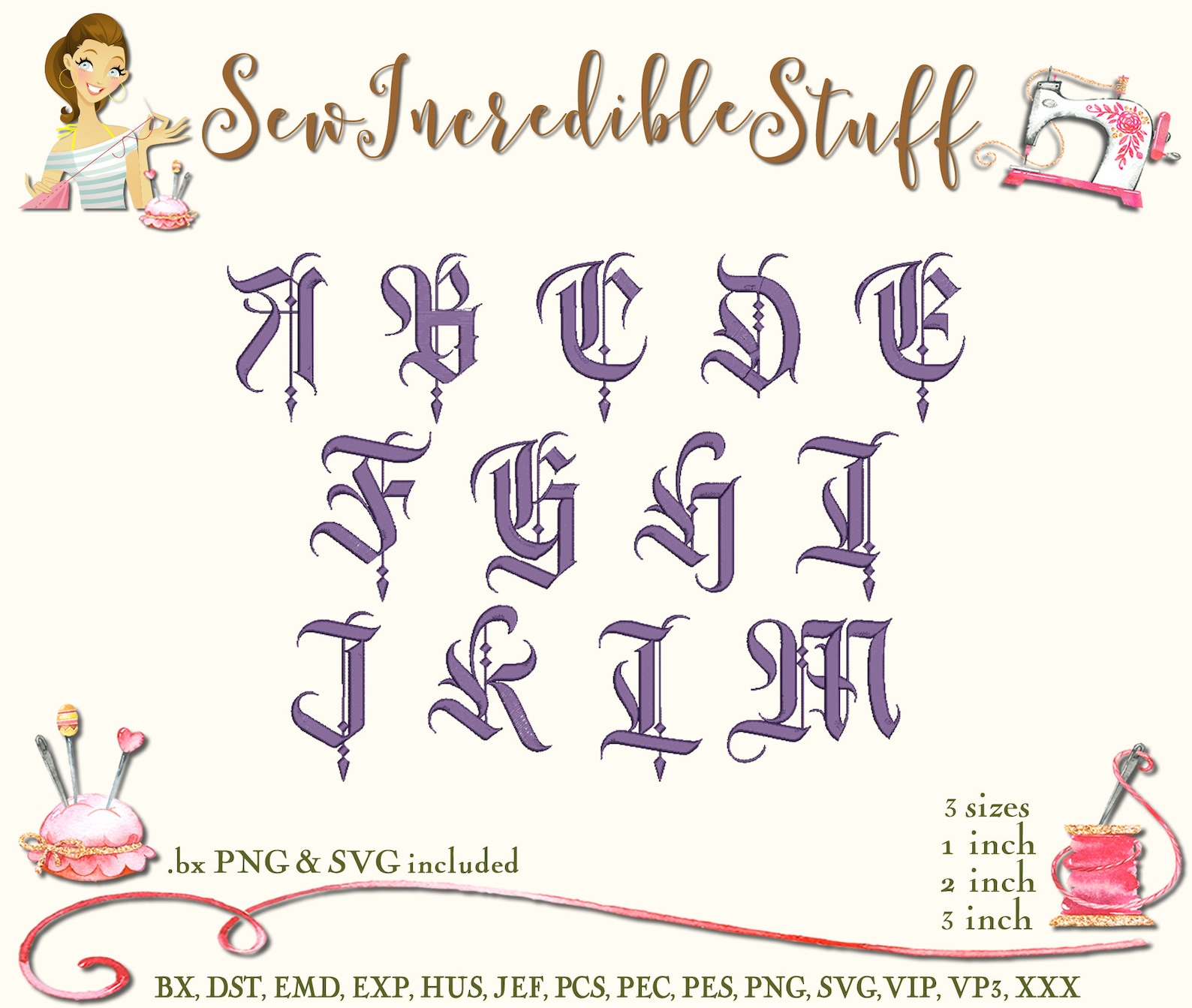 Gothic Olde English Machine Embroidery PNG and SVG Fonts, BX Font, 3 ...