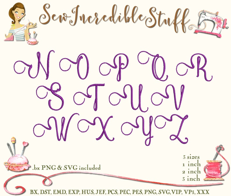 Lovely Upright Script Machine Embroidery SVG and PNG Fonts - 3 Sizes ...