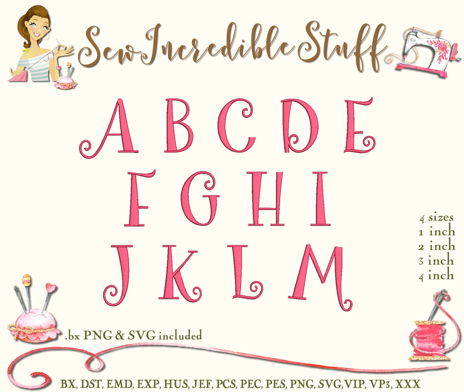 Tickled Pink Whimsical Machine Embroidery PNG and SVG Fonts, 4 Sizes ...