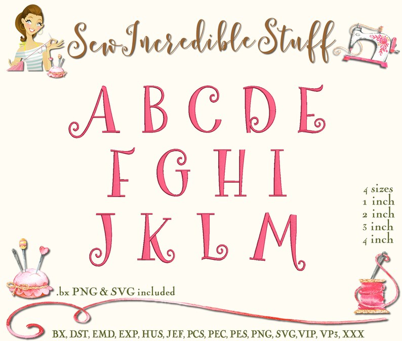 Tickled Pink Whimsical Machine Embroidery PNG and SVG Fonts, 4 Sizes ...