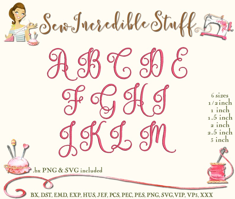 Pretty Script Machine Embroidery, SVG and PNG Fonts, 6 Sizes, BX Font ...