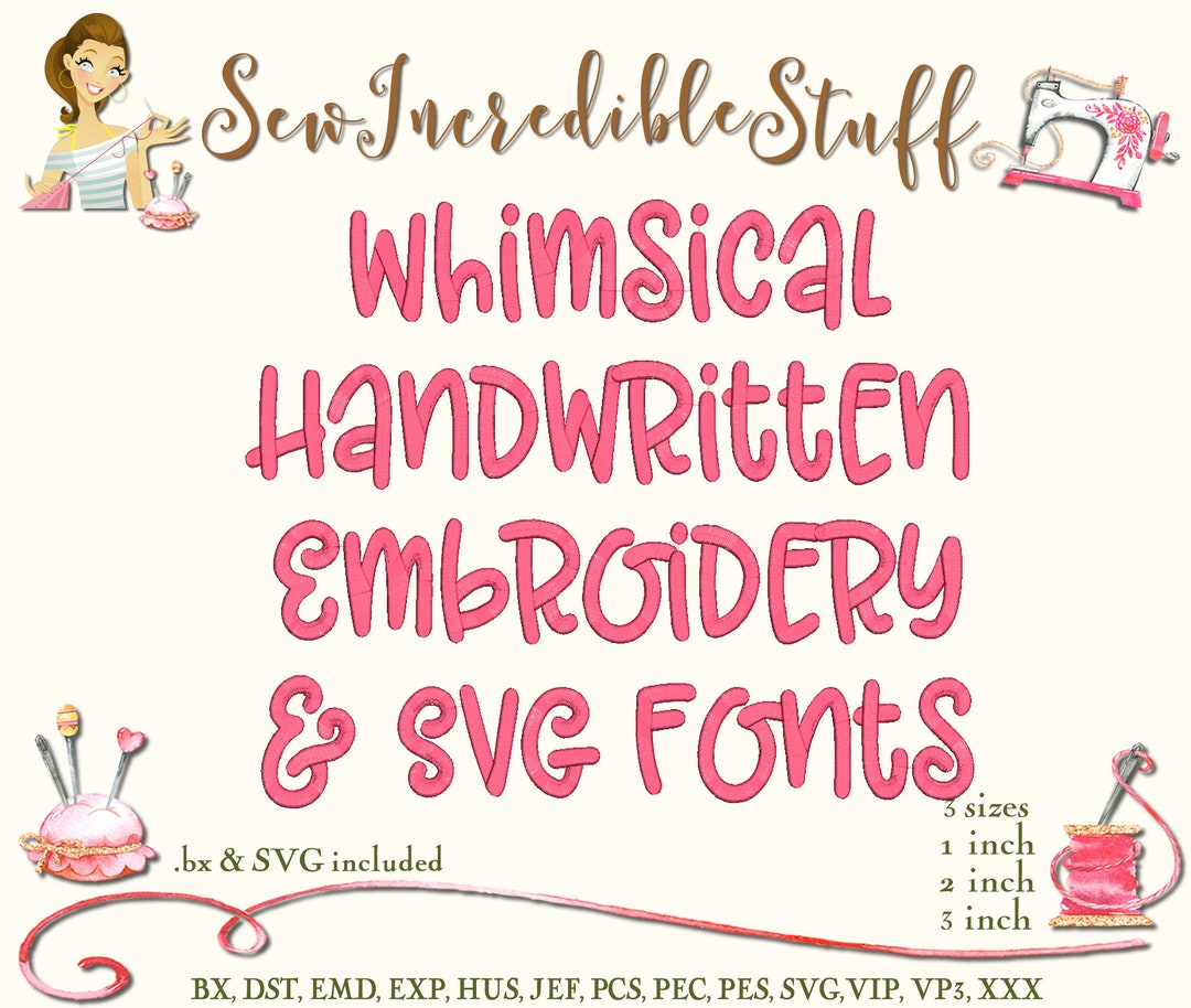 Whimsical Handwritten Machine Embroidery and SVG Fonts, BX, SVG Font, 3 ...
