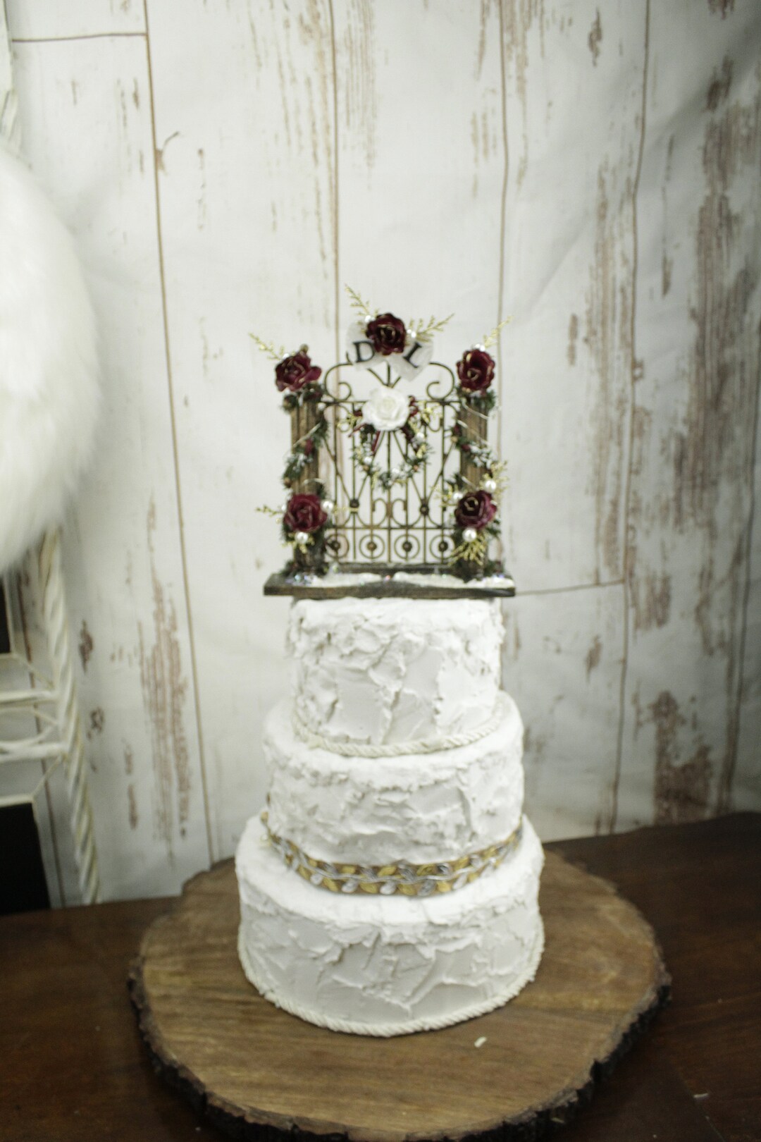 Christmas Cake Topper, Garden Gate Topper - Burgundy Gold Faux Flower ...