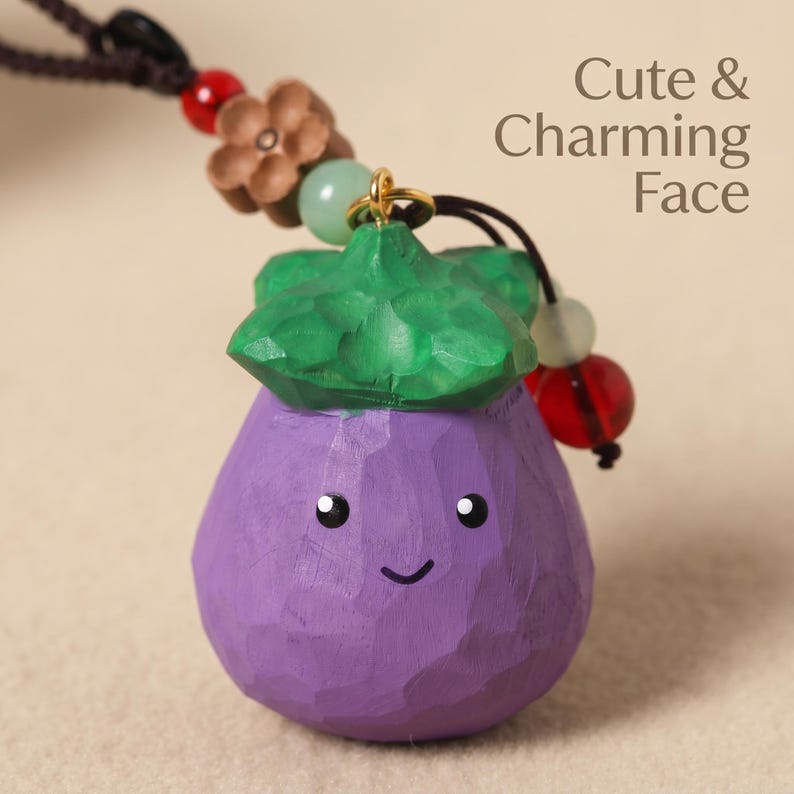 Hand Carved Wooden Eggplant Keychain, Lucky Vegetable Charm, Kawaii Bag ...