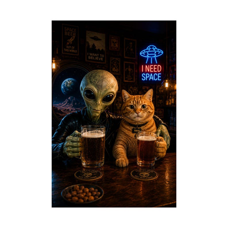 Alien and Cat Drinking Beer Poster | Matte Vertical Wall Art, I Need ...