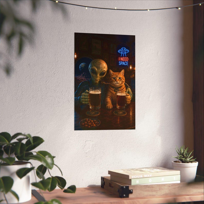 Alien and Cat Drinking Beer Poster | Matte Vertical Wall Art, I Need ...
